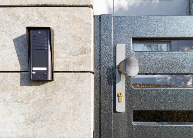 Modern Intercom and Secure Metal Gate with Lock Stock Image - Image of ...