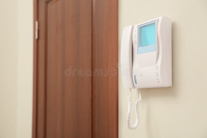 Modern Intercom System with Handset on White Wall Indoors, Space for ...