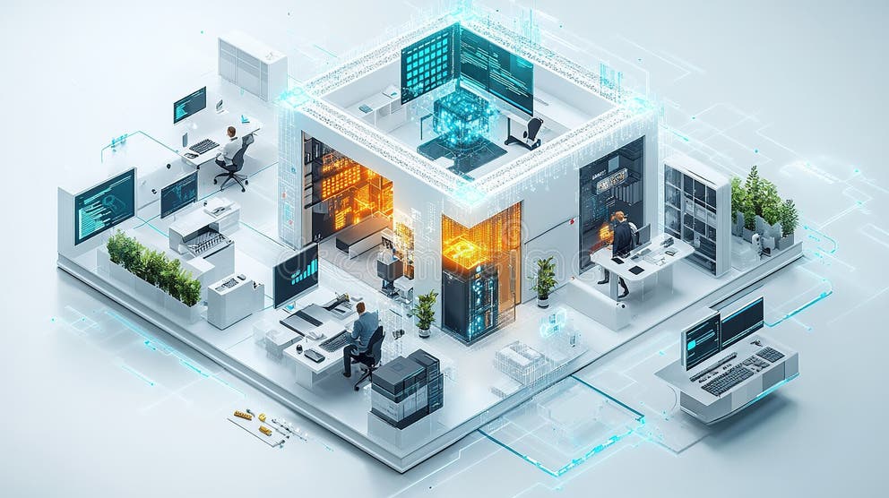 Modern, Interconnected Office Space with Tech Focus Stock Illustration - Illustration of network ...