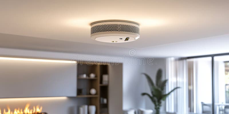 Modern Interconnected Smoke Alarm System on a Ceiling in a Brightly Lit ...