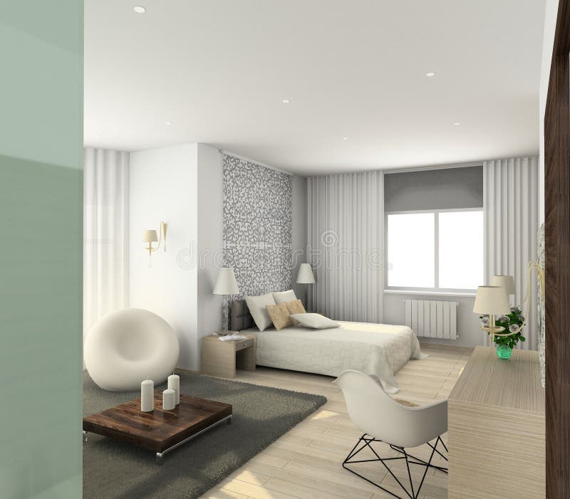 Modern interior. 3D render stock illustration. Illustration of bedding ...