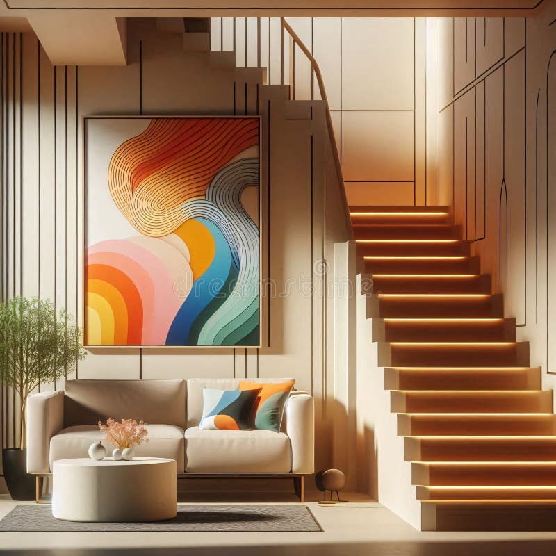 Modern Interior with Abstract Art and Staircase Basking in Warm Light ...