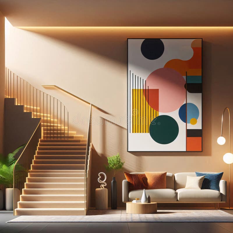 Modern Interior with Abstract Art and Staircase Basking in Warm Light ...