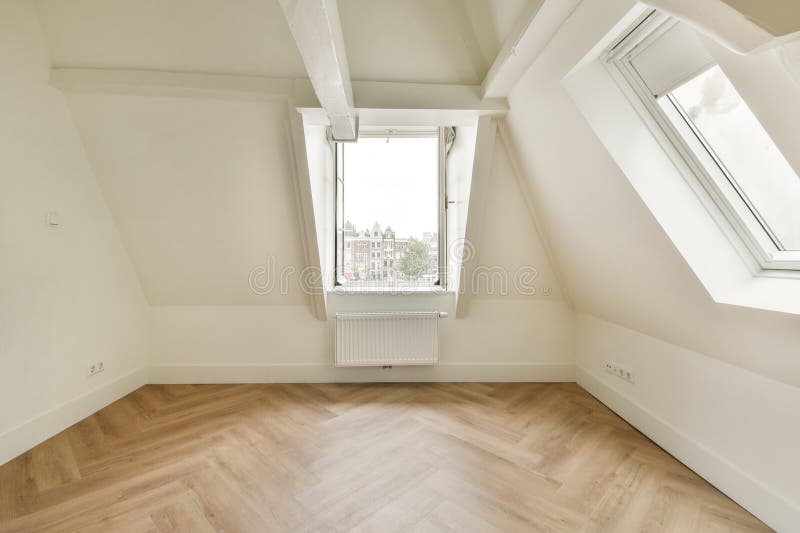 Modern Interior with Angled Windows Stock Photo - Image of furniture ...