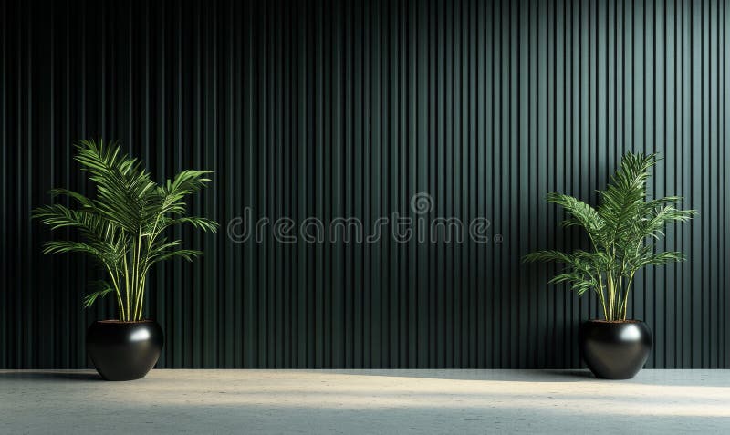 A Modern Interior with Banana Tree Pots, Green Tile Pattern Walls, and ...