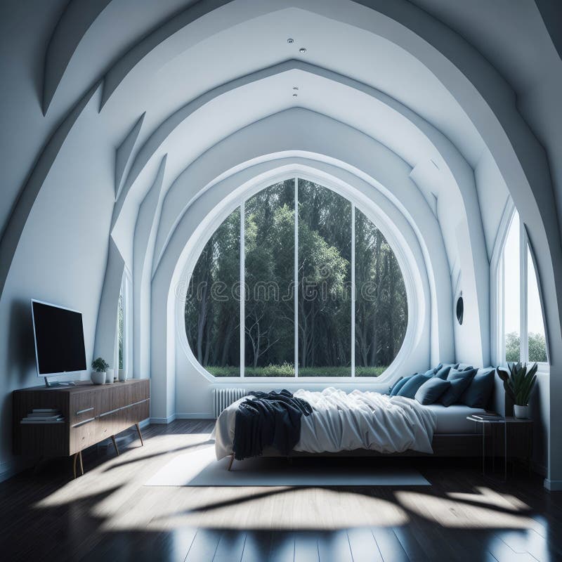 Modern Interior of Bedroom Design with High Arched Ceiling and Large ...