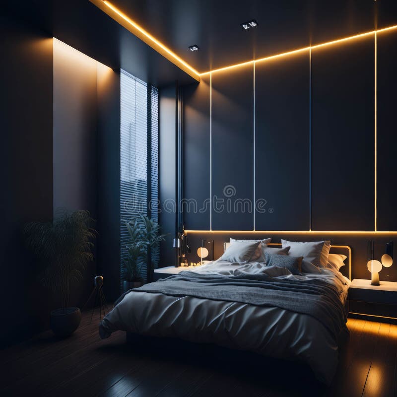 Modern Interior of Bedroom Design with Led Strips Warm Lighting on ...