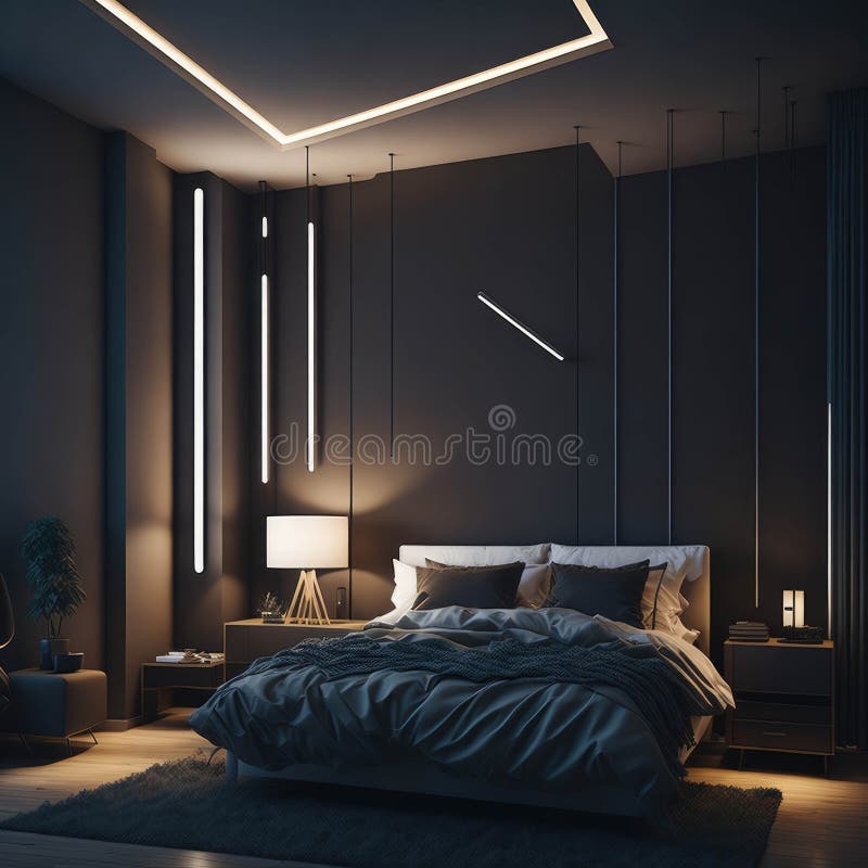 Modern Interior of Bedroom Design with Led Strips Warm Lighting on ...