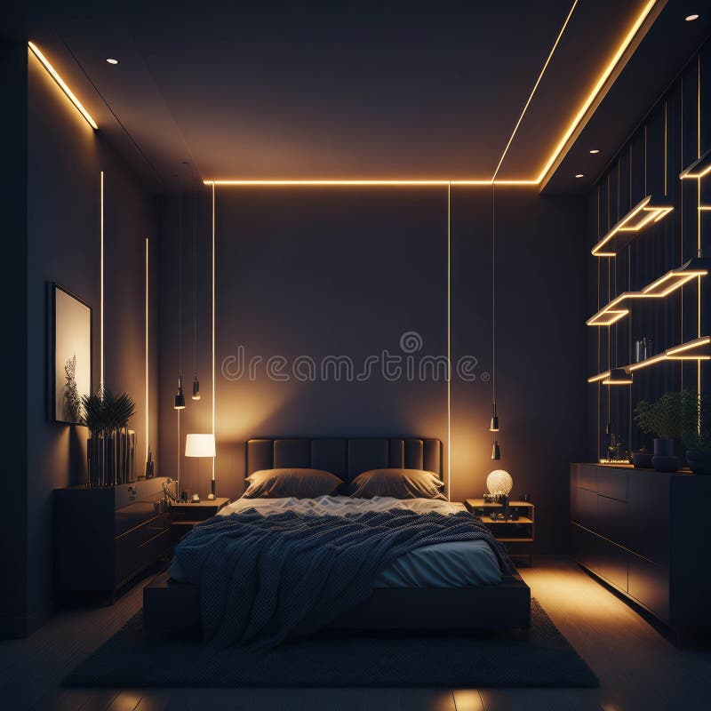 Modern Interior of Bedroom Design with Led Strips Warm Lighting on ...
