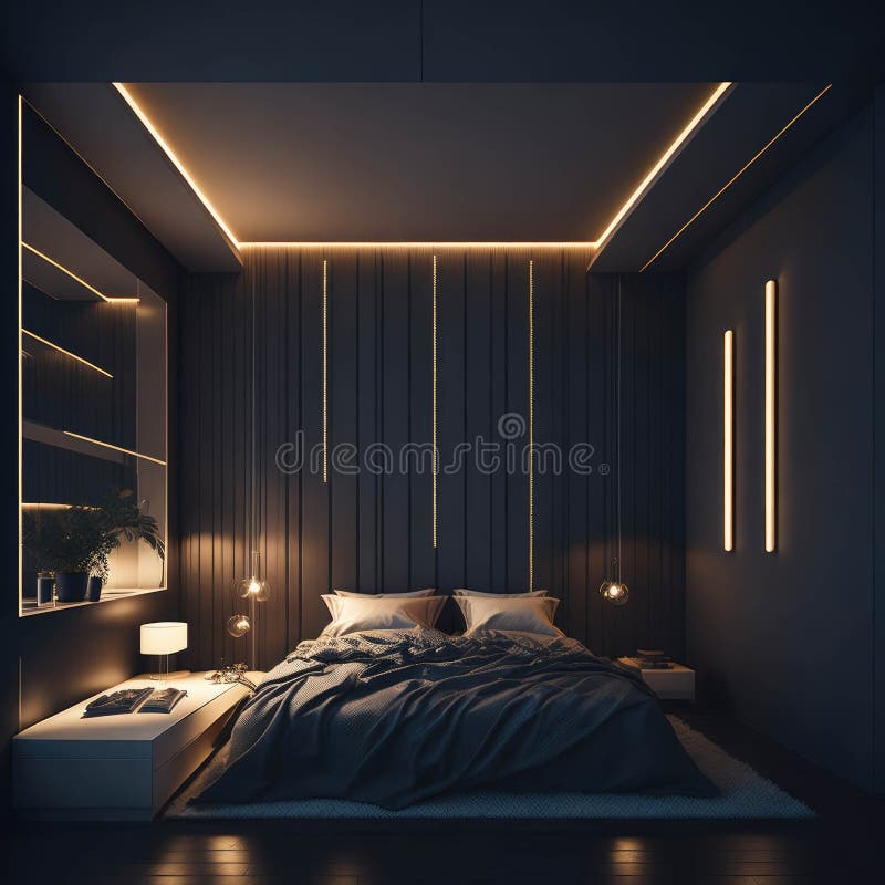 Modern Interior of Bedroom Design with Led Strips Warm Lighting on ...