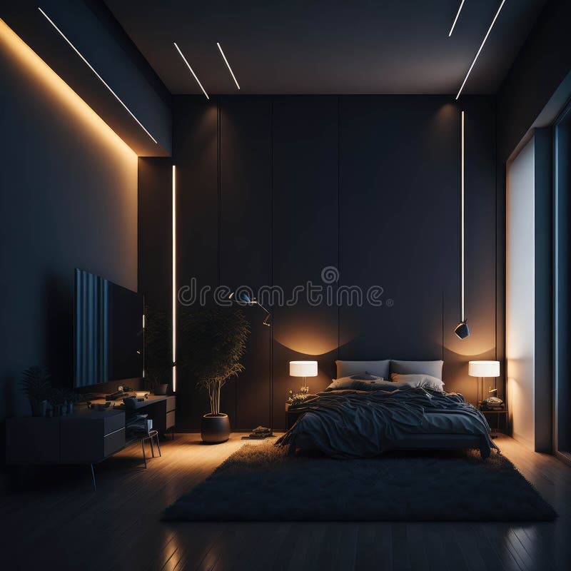 Modern Interior of Bedroom Design with Led Strips Warm Lighting on ...