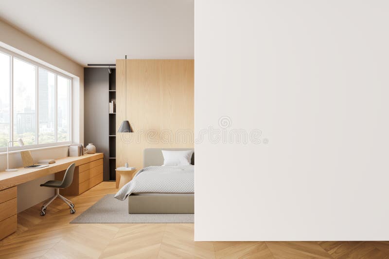 A Modern Interior Bedroom with a Workspace Area, Featuring Wooden ...
