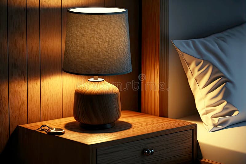 Modern Interior of Bedside Lamp with Light Lampshade on Leg on Wooden ...