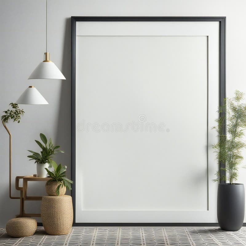 Modern Interior with Blank Frame, Pendant Light, and Plants Stock ...