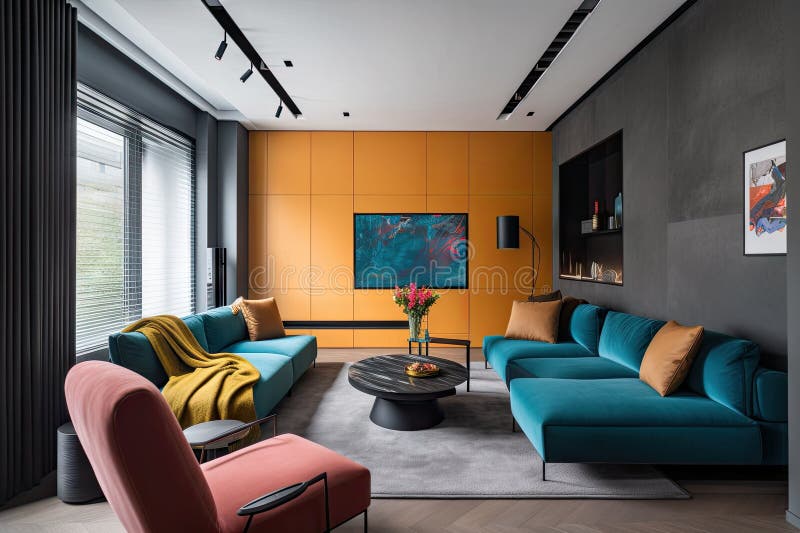 Modern Interior with Bold Colors and Linear Lines Stock Illustration ...