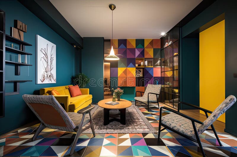 Modern Interior with Bold and Vibrant Color Scheme, Featuring Geometric ...