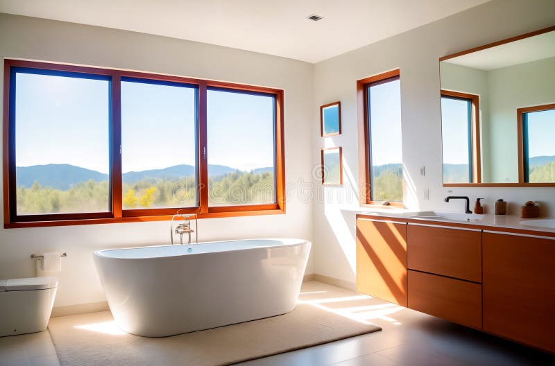 Modern Interior of a Bright Bathroom with Cottage Windows and Sunlight ...