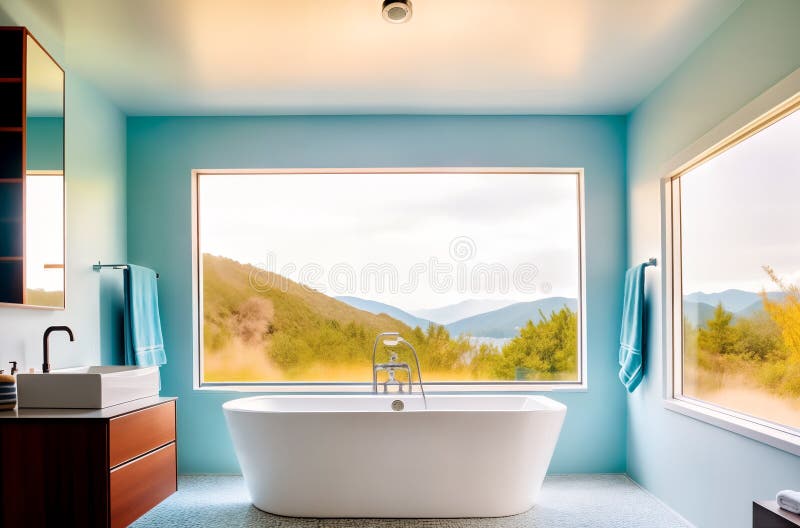 Modern Interior of a Bright Bathroom with Cottage Windows and Sunlight ...