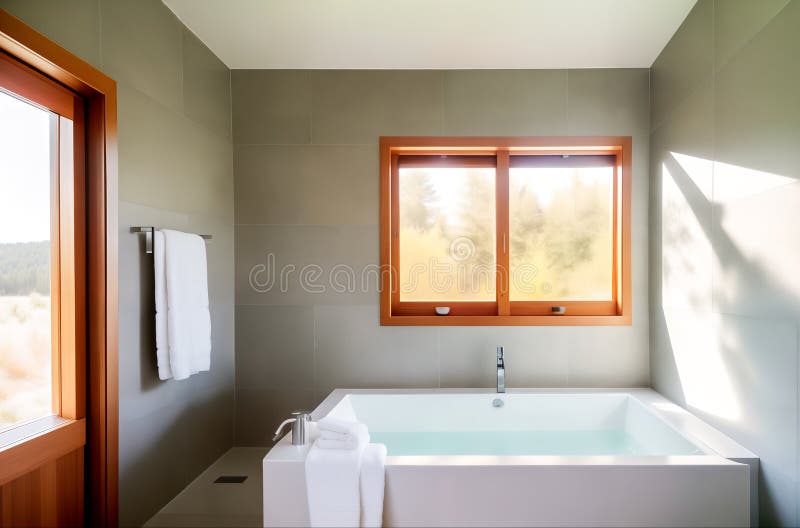 Modern Interior of a Bright Bathroom with Cottage Windows and Sunlight ...