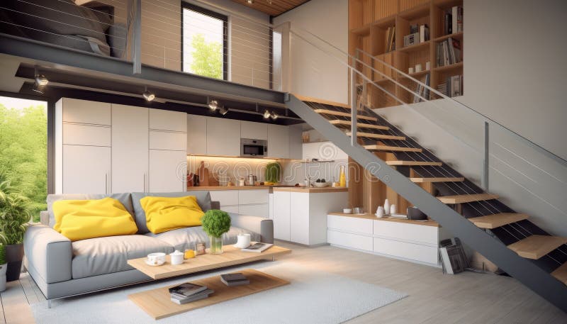 Modern Interior of a Bright Studio Apartment with a Sofa and Stairs To ...