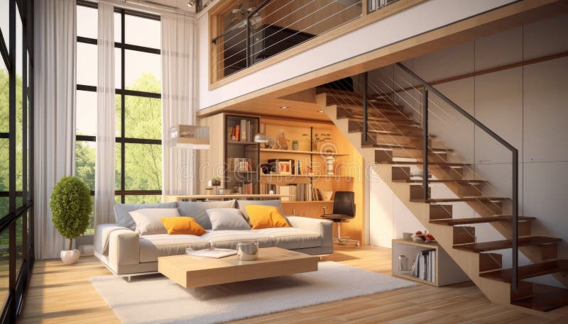 Modern Interior of a Bright Studio Apartment with a Sofa and Stairs To ...