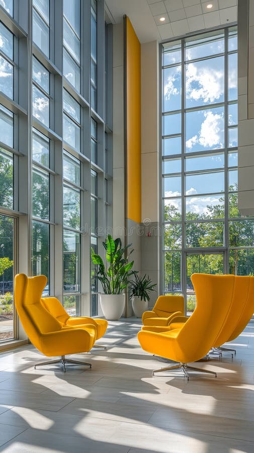 A Lobby with Yellow Couches and Chairs and Tables Stock Photo - Image ...