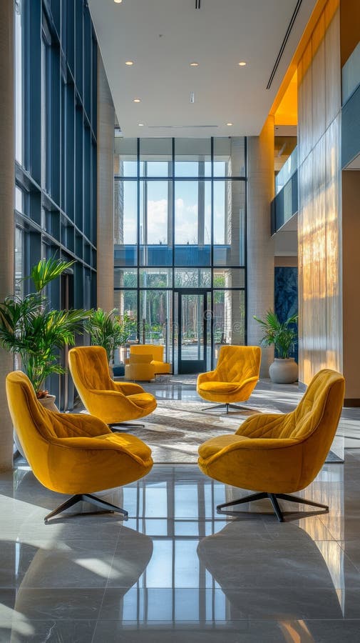 A Lobby with Yellow Couches and Chairs and Tables Stock Photo - Image ...