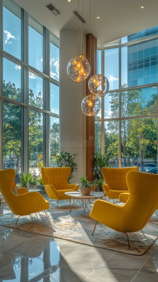 A Lobby with Yellow Couches and Chairs and Tables Stock Photo - Image ...