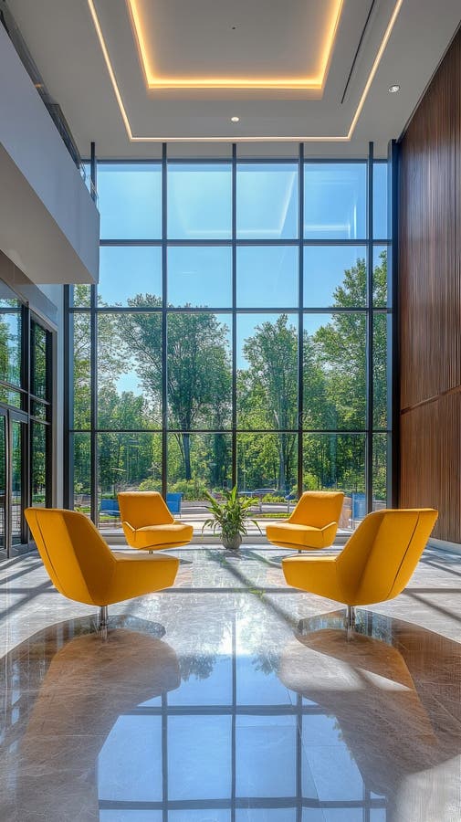 A Lobby with Yellow Couches and Chairs and Tables Stock Photo - Image ...