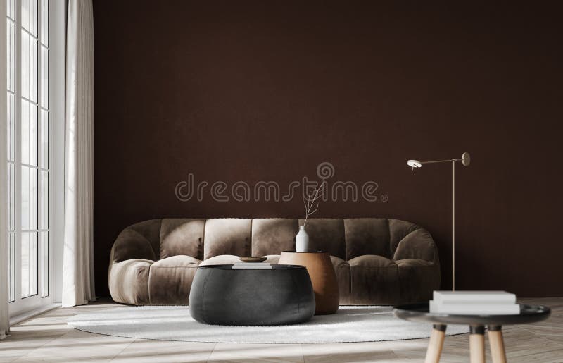 Modern Interior with Brown Sofa and Empty Brown Mock Up Wall Background ...