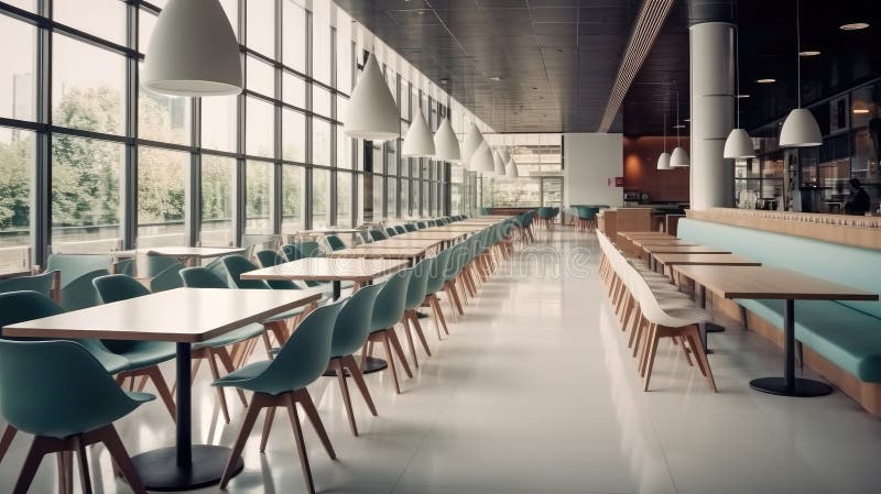 Modern Interior of Cafeteria or Canteen with Many Chairs and Tables ...