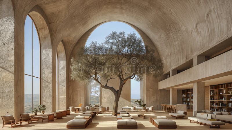 Modern Interior with Central Tree and Arched Windows Stock Illustration ...