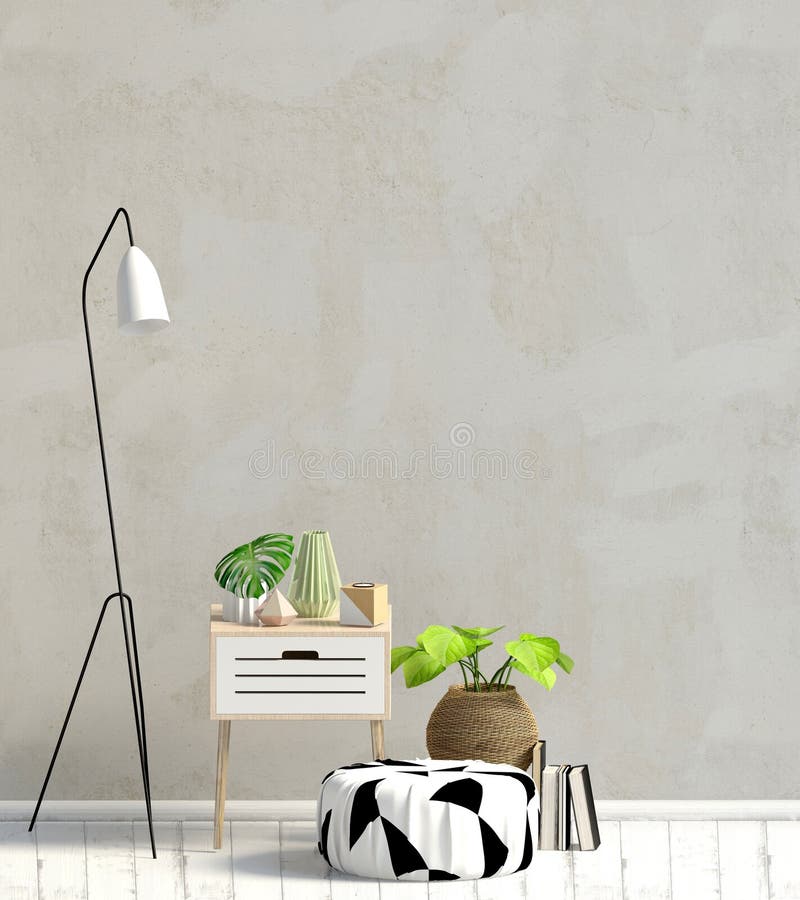 Modern Interior with Coffee Table and Puff. Wall Mock Up Stock ...