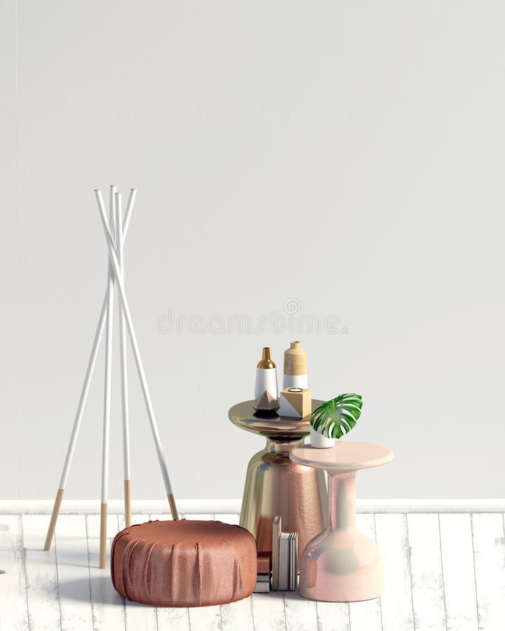 Modern Interior with Coffee Table and Puff. Wall Mock Up. 3d Ill Stock ...