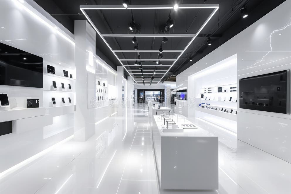 Modern Interior of Consumer Electronics Store with White Design ...