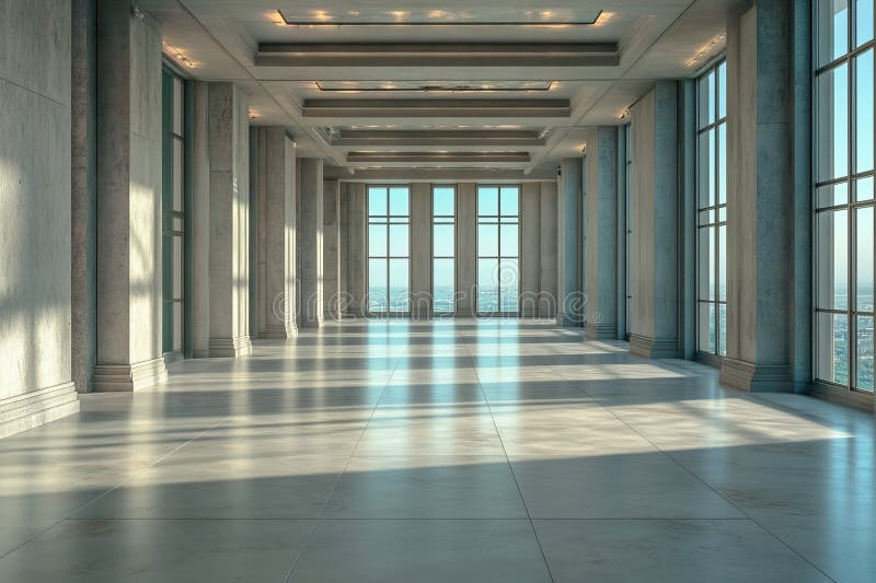A Modern Interior Corridor with a Geometric Ceiling and Concrete Floor ...