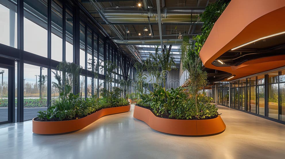 Modern Interior with Curved Planters and Abundant Greenery in a ...