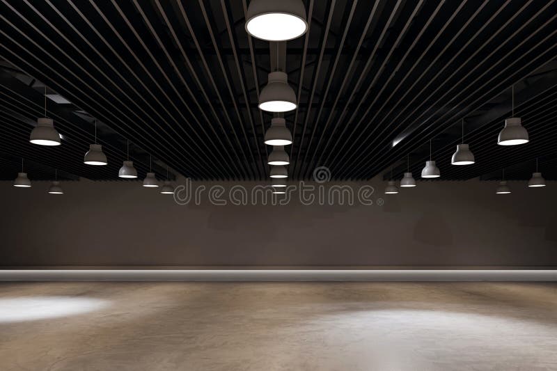 Modern Interior with Dark Ceiling and Hanging Lamps in a Spacious Hall ...