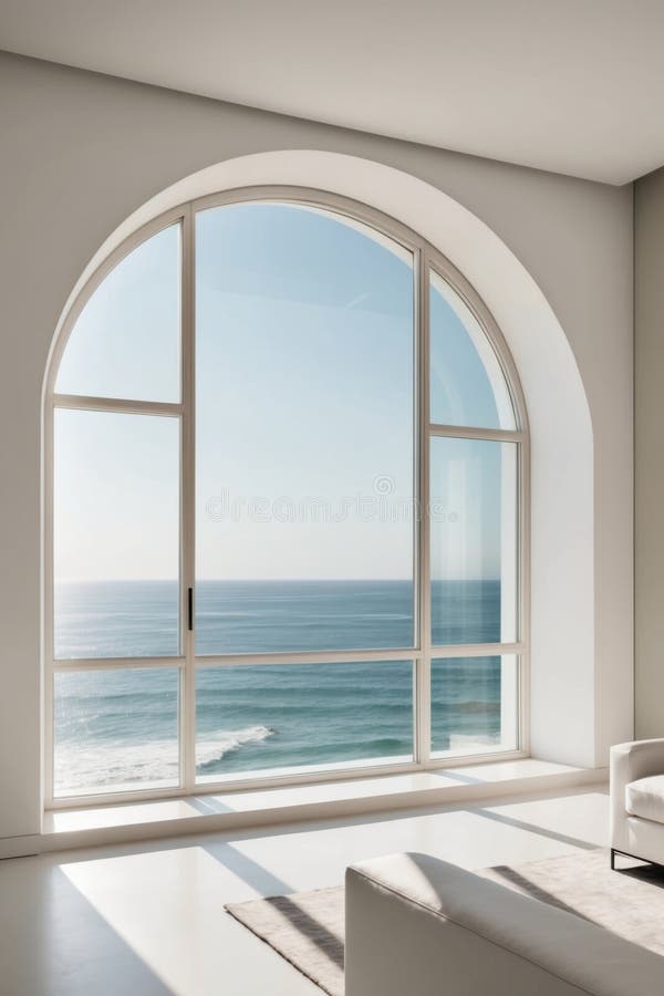 Modern Interior Design with Arched Window and Ocean View. Stock Image ...