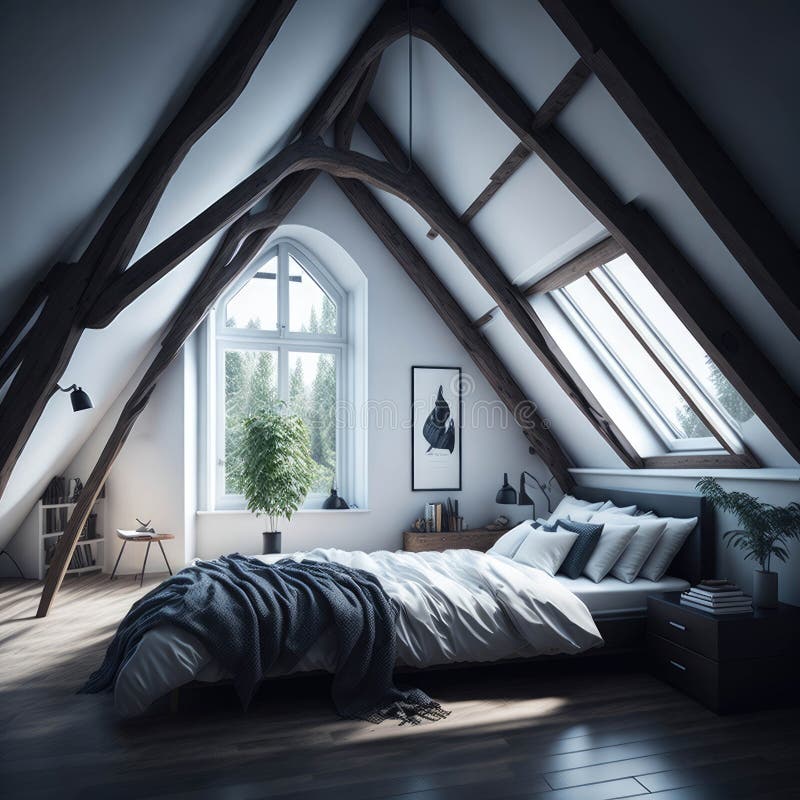 Modern Interior Design of Bedroom in Attic, Triangle Ceiling with ...