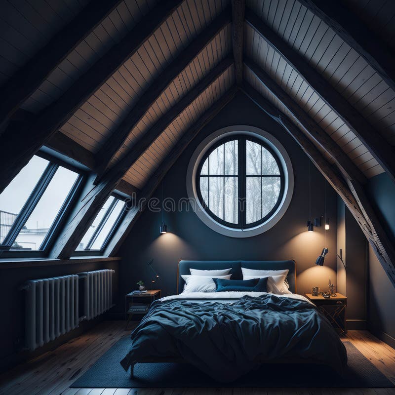 Modern Interior Design of Bedroom in Attic, Triangle Ceiling with ...