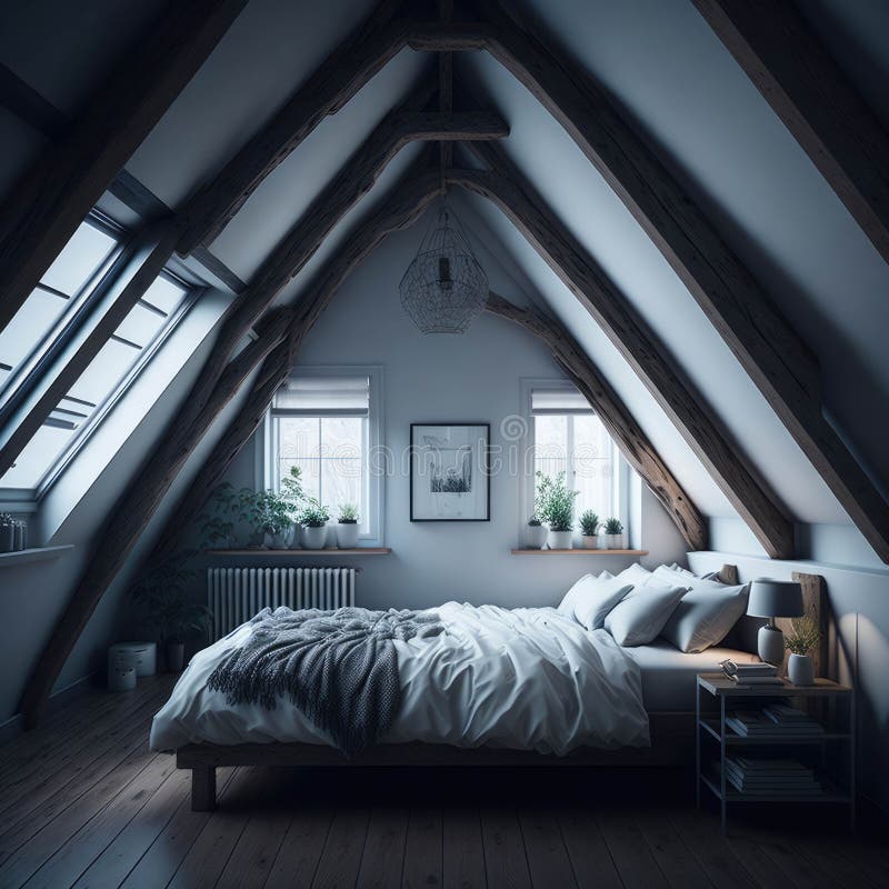 Modern Interior Design of Bedroom in Attic, Triangle Ceiling with ...