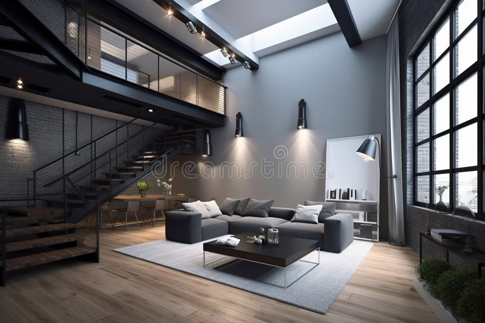 Modern Interior Design, a Big Loft Space. Generative AI Stock ...