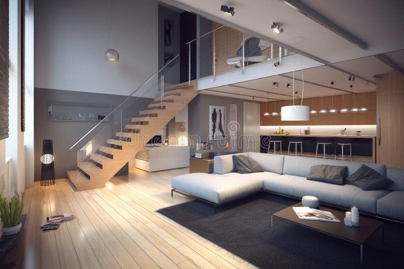 Modern Interior Design, a Big Loft Space. Generative AI Stock ...