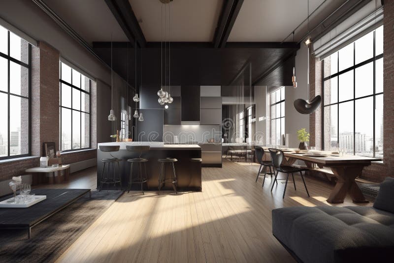 Modern Interior Design, a Big Loft Space. Generative AI Stock ...