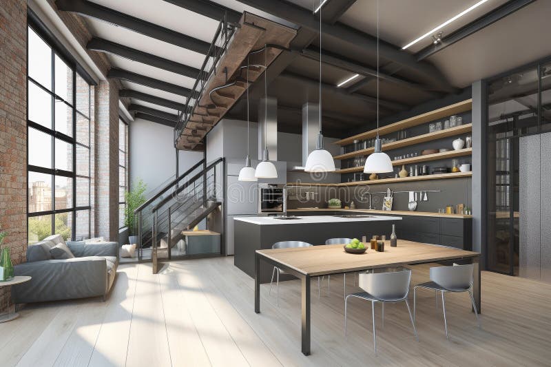 Modern Interior Design, a Big Loft Space. Generative AI Stock ...