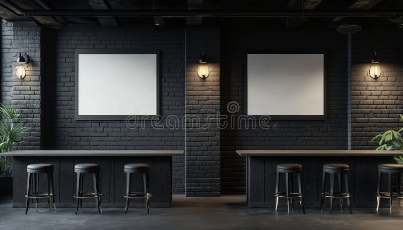 Modern Interior Design of a Black Brick Pub or Bar Featuring Empty ...