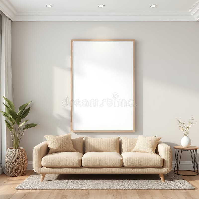 Modern Interior Design with Blank Wall Poster and Cozy Sofa Setup Stock ...