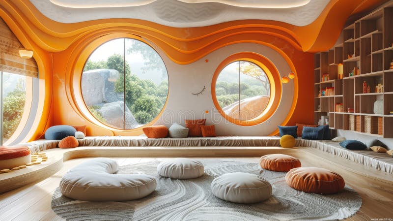 Modern Interior Design with Circular Windows Stock Illustration ...