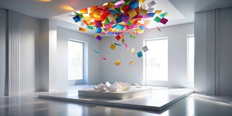 Modern Interior Design with Colorful Paper Elements Falling from the ...